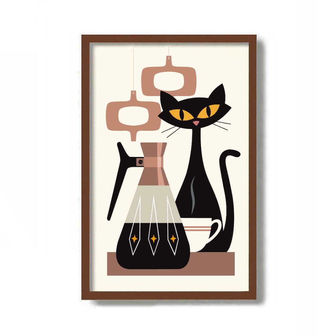 Mid Century Modern Kitchen Art Print, Atomic Black Cat Lover Gift ...