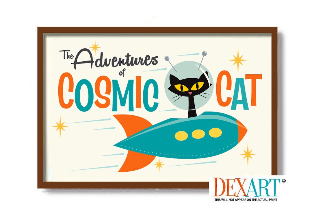 Atomic Space Cat, Mid Century Modern Art, Roswell UFO, Rocket Ship, Sci ...