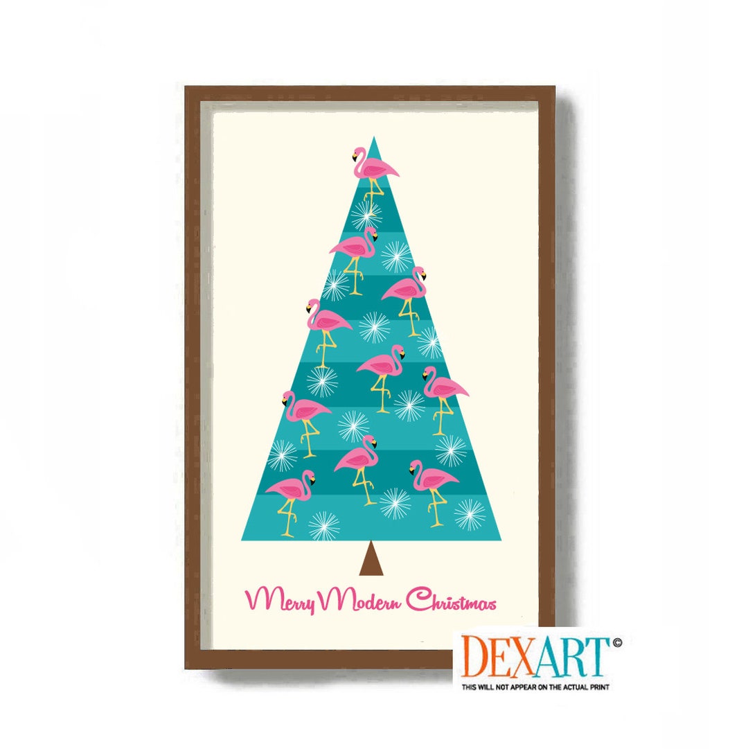 Mid Century Modern Flamingo Christmas Art Print, Atomic Christmas Tree ...