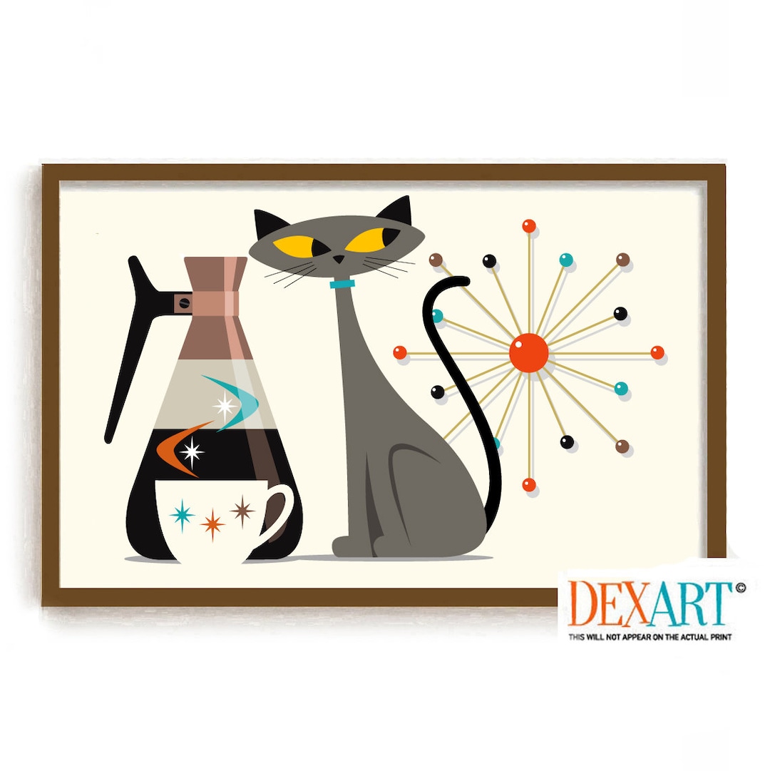 Mid Century Modern Cat Art Print, Cats and Coffee Print, Gray Cat Art ...