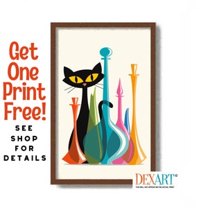 Colorful Glass Decanters Art, Atomic Cat Poster, Mid Century Modern Cat ...
