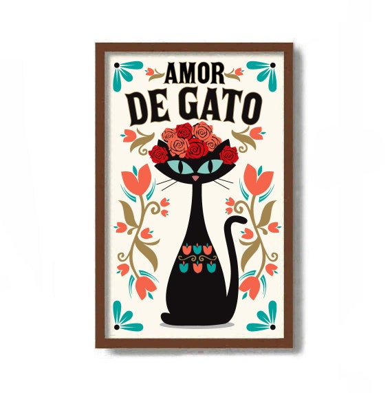 Mexican Folk Art Print Black Cat Wall Art Spanish Cat Lover - Etsy