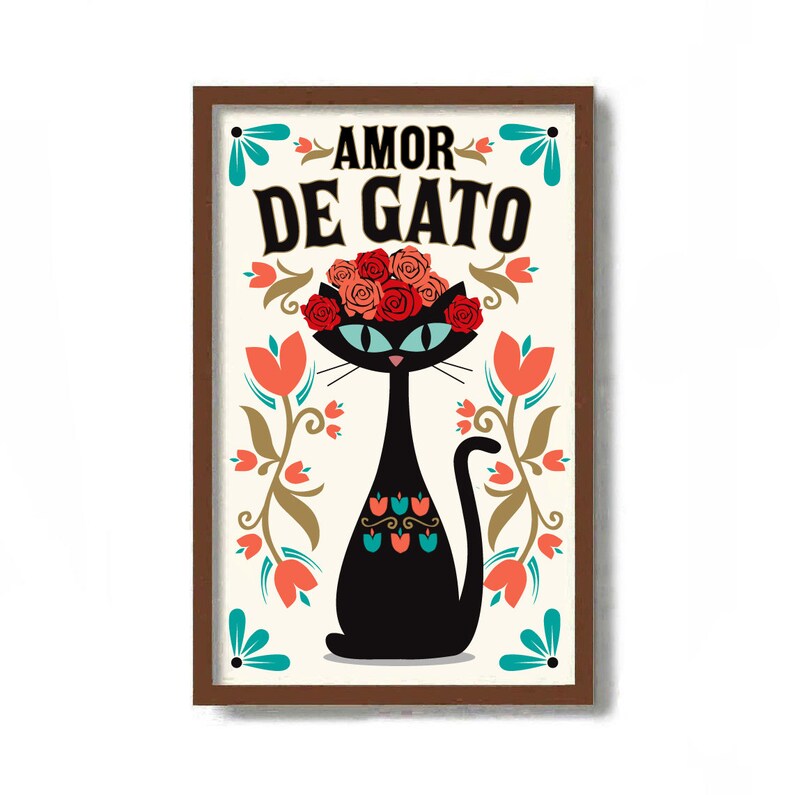 Mexican Folk Art Print Black Cat Wall Art Spanish Cat Lover - Etsy