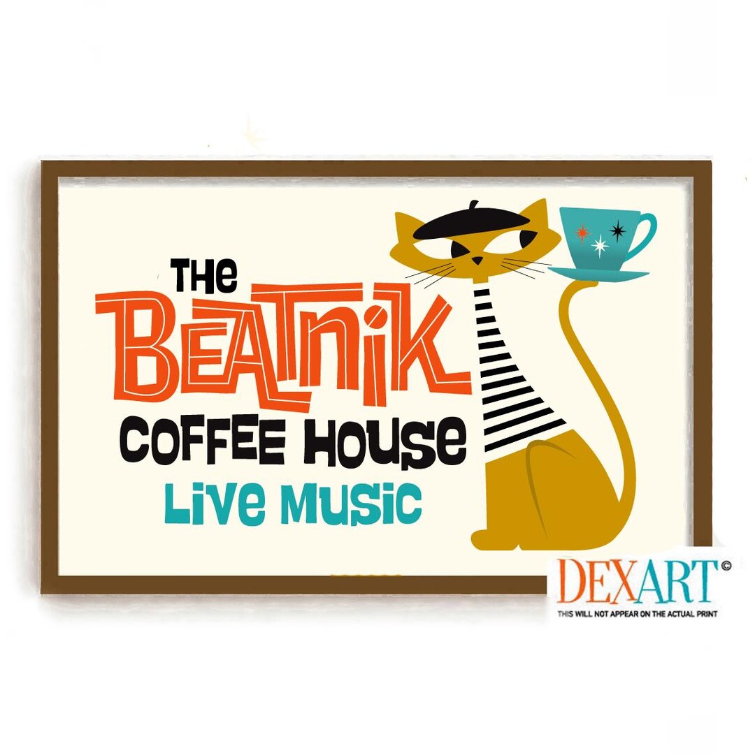 Cat Coffee Wall Art Print, Mid Century Modern, Beatnik Decor, Black Cat ...