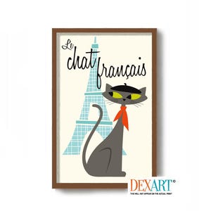 French Cat Decor Art Print, Mid Century Modern Art Print, Kitchen Wall ...