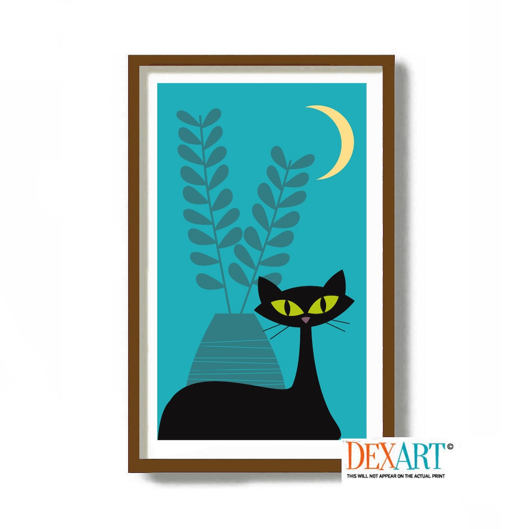 Mid Century Modern Cat Wall Art Print, Black Cat Lover Gift, Tropical ...