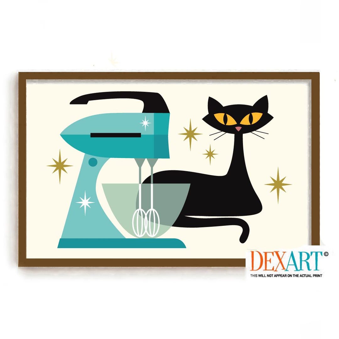 Atomic Black Cats Kitchen Art Print, Electric Stand up Mixer, Mid ...