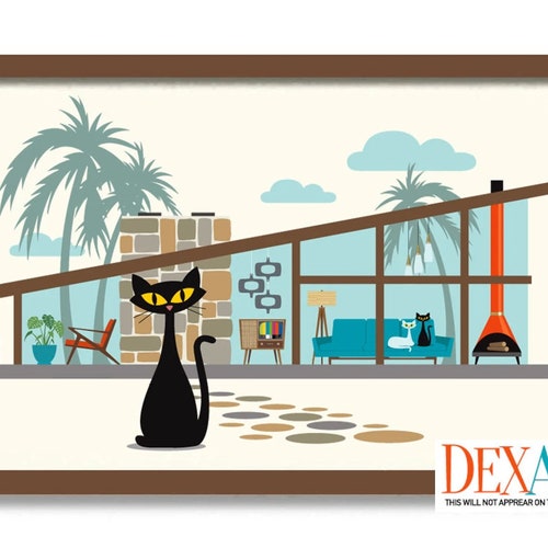 Mid Century Modern Art Print Atomic Cat Wall Art Cat Lover Etsy