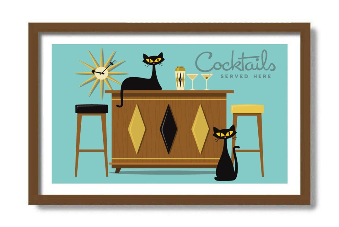 Black Cat Mid Century Modern Art Cocktail Bar Sign, Bartender Gift, Bar ...