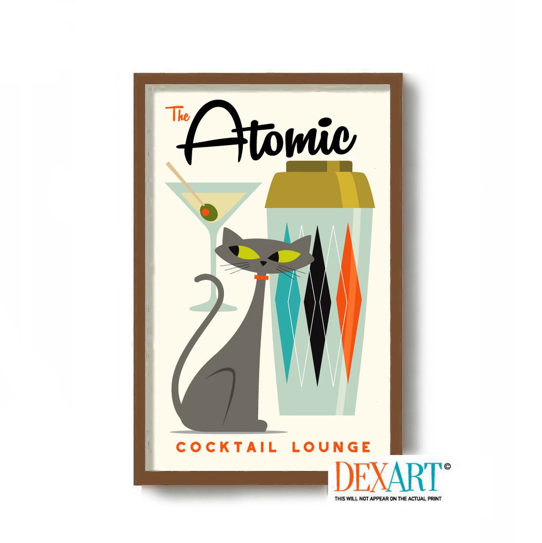 Atomic Cat Mid Century Modern Cocktail Bar Wall Art Print, Gray Cat Art ...