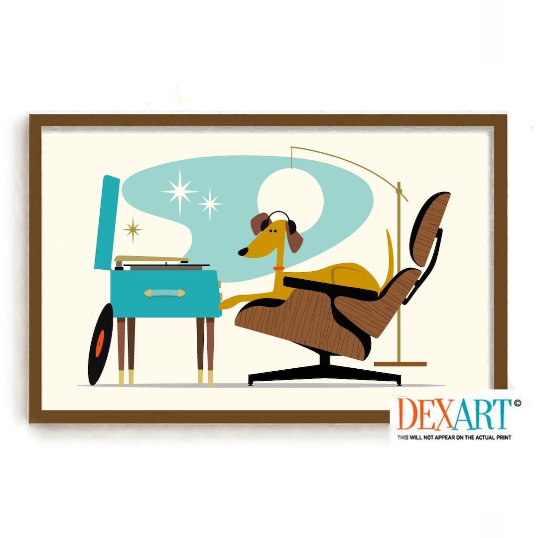 Mid Century Modern Dog Art Print, Atomic Dog Lover Gift, Retro Record ...