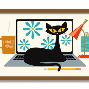 Black Cat Art Print Home Office Decor Mid Century Modern - Etsy