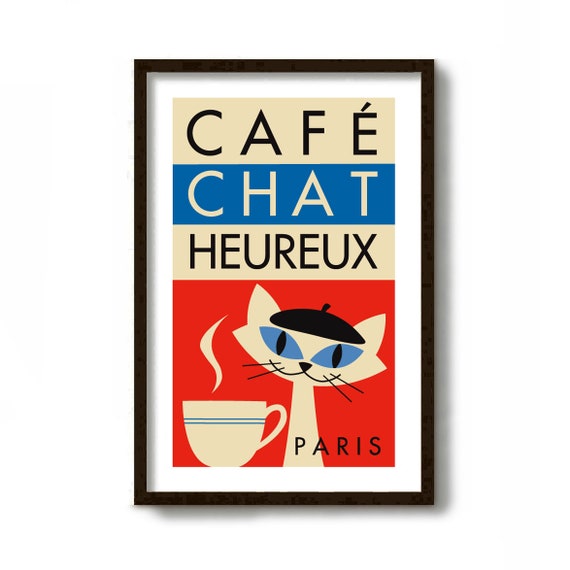 Cat Art Print French Cafe Cat Lover Gift Mid Century Modern | Etsy