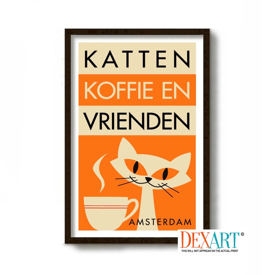 Dutch Cafe, Mid Century Modern Cat Art Print, Amsterdam Print, Cat ...