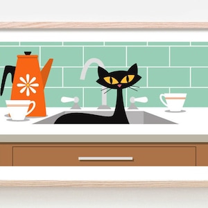 Cat Art Print Mid Century Modern Kitchen Art Print, Black Cat Lover ...