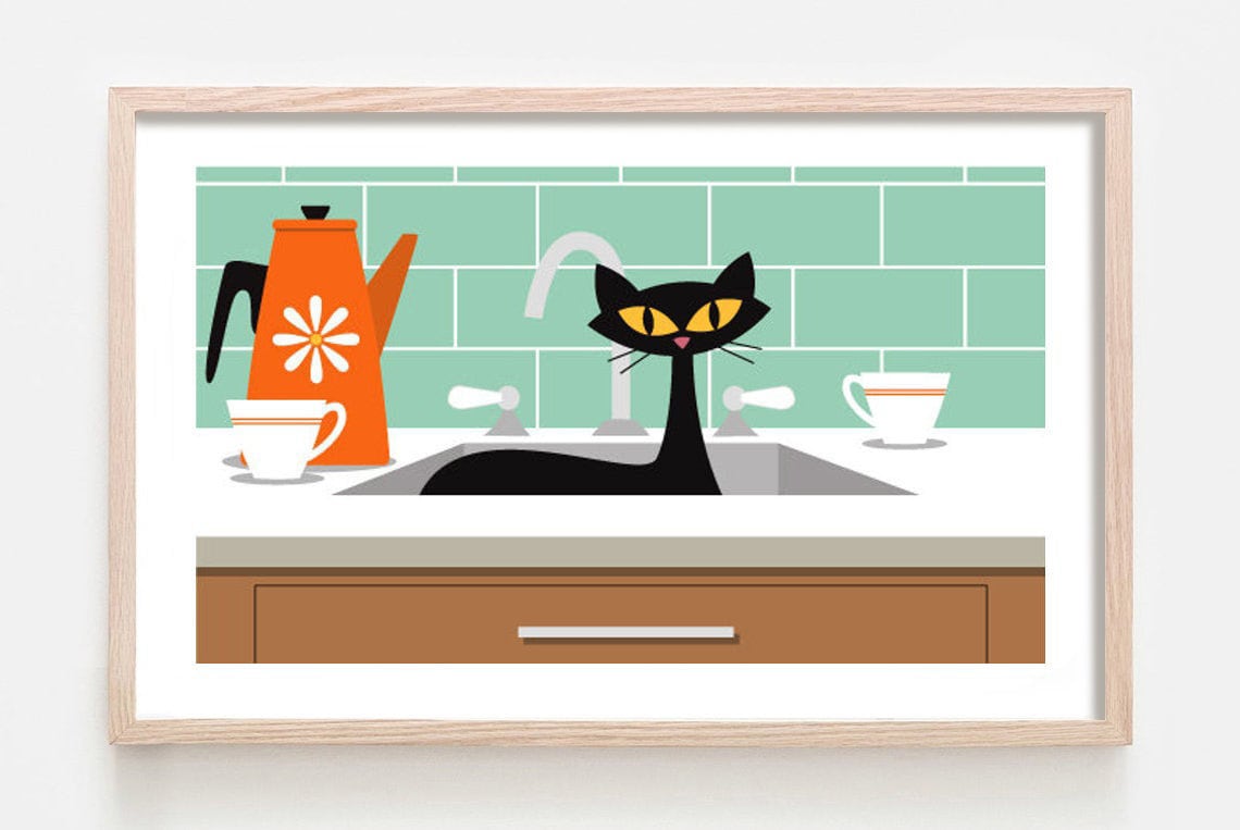 Cat Art Print Mid Century Modern Kitchen Art Print Black Cat | Etsy