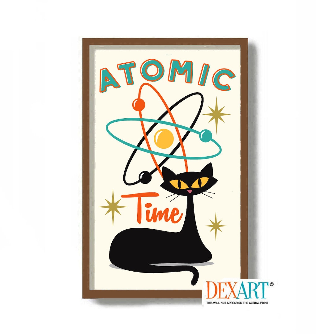 Mid Century Modern Atomic Cat Art Print, Retro Cat Wall Art, Black Cat ...