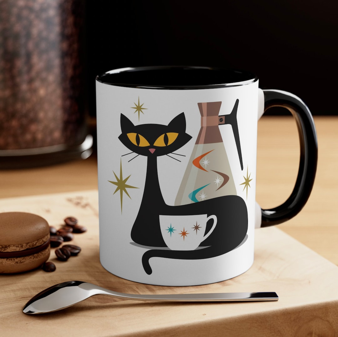 Mid Century Modern Cat and Kitchen Coffee Mug, 11oz, Atomic Black Cat ...