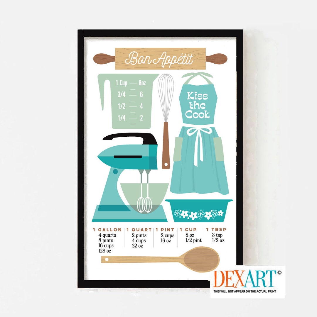 Kitchen Conversion Chart, Bon Appetit, Mid Century Modern Kitchen Art ...