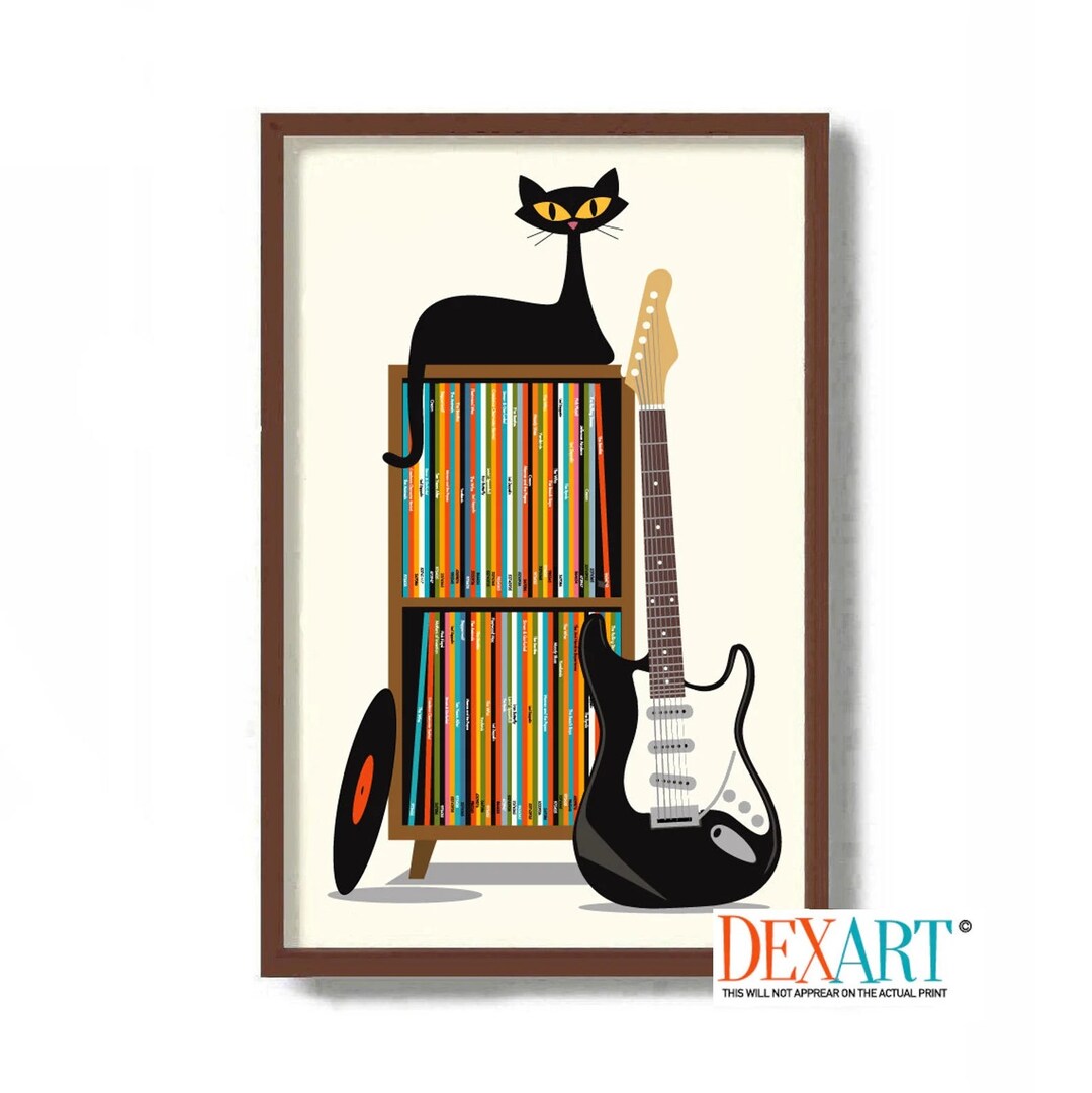 Rock Music Cat Poster, Mid Century Modern Print, Black Cat Art Print ...