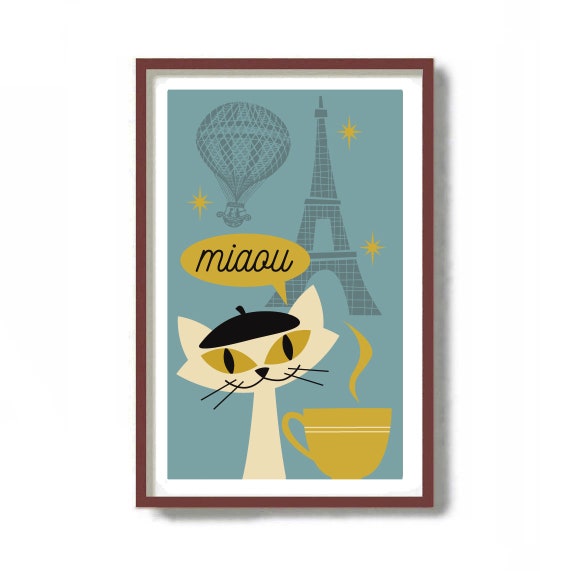 Digital Prints French Cat Art Print French Decor Mid Century Modern Art ...