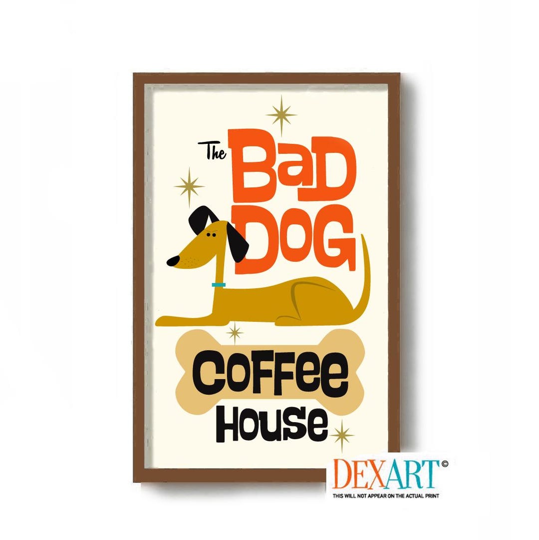 Mid Century Modern Dog and Coffee Art Print, Kitchen Wall Art, Yellow ...