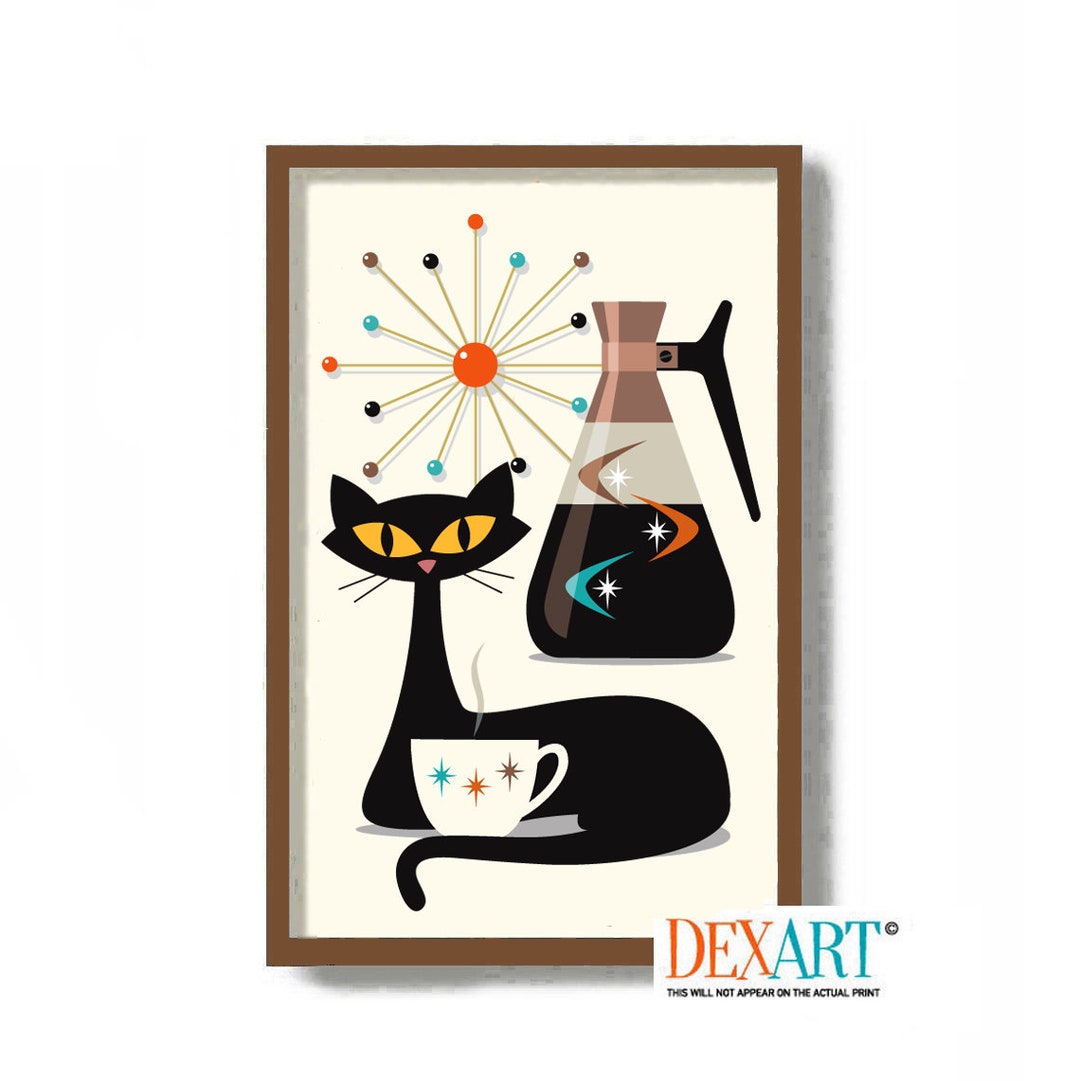 Cat Coffee Wall Art Print, Mid Century Modern, Black Cat Lover Gift ...