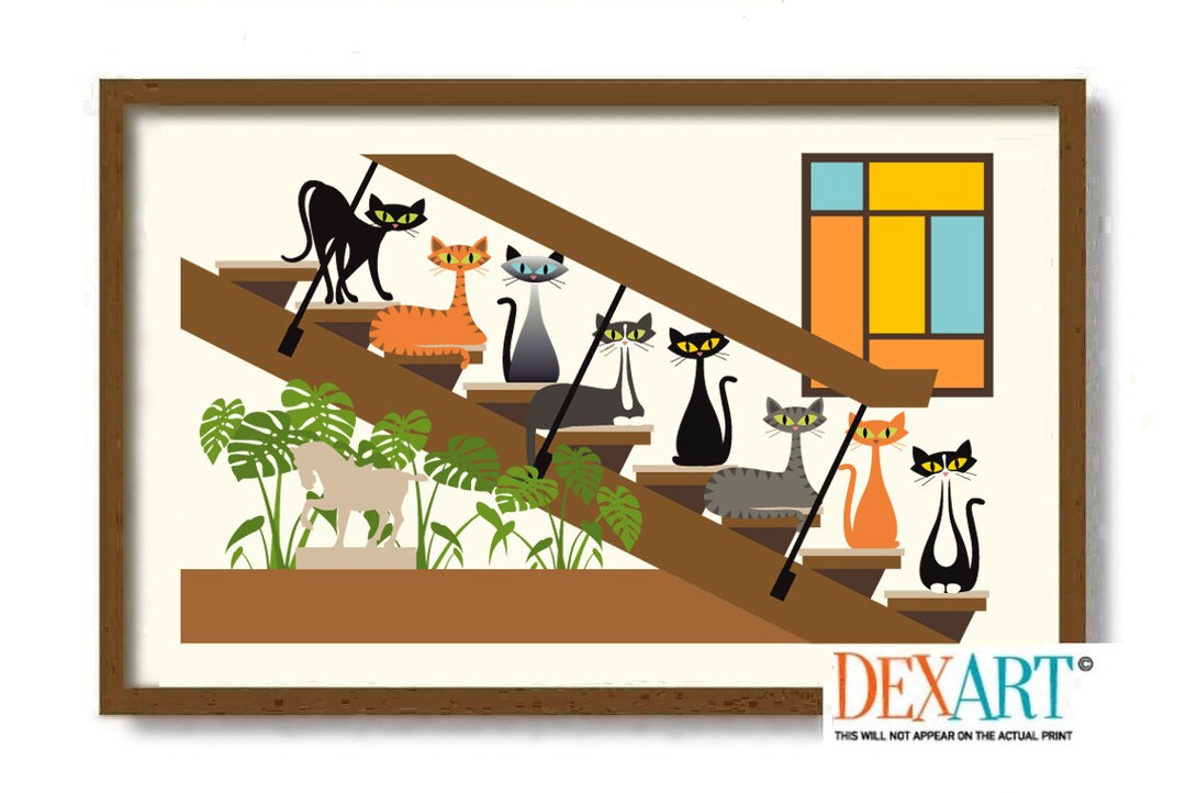 Mid Century Modern Wall Art Cat Print, Family of Cats, Retro TV Show ...