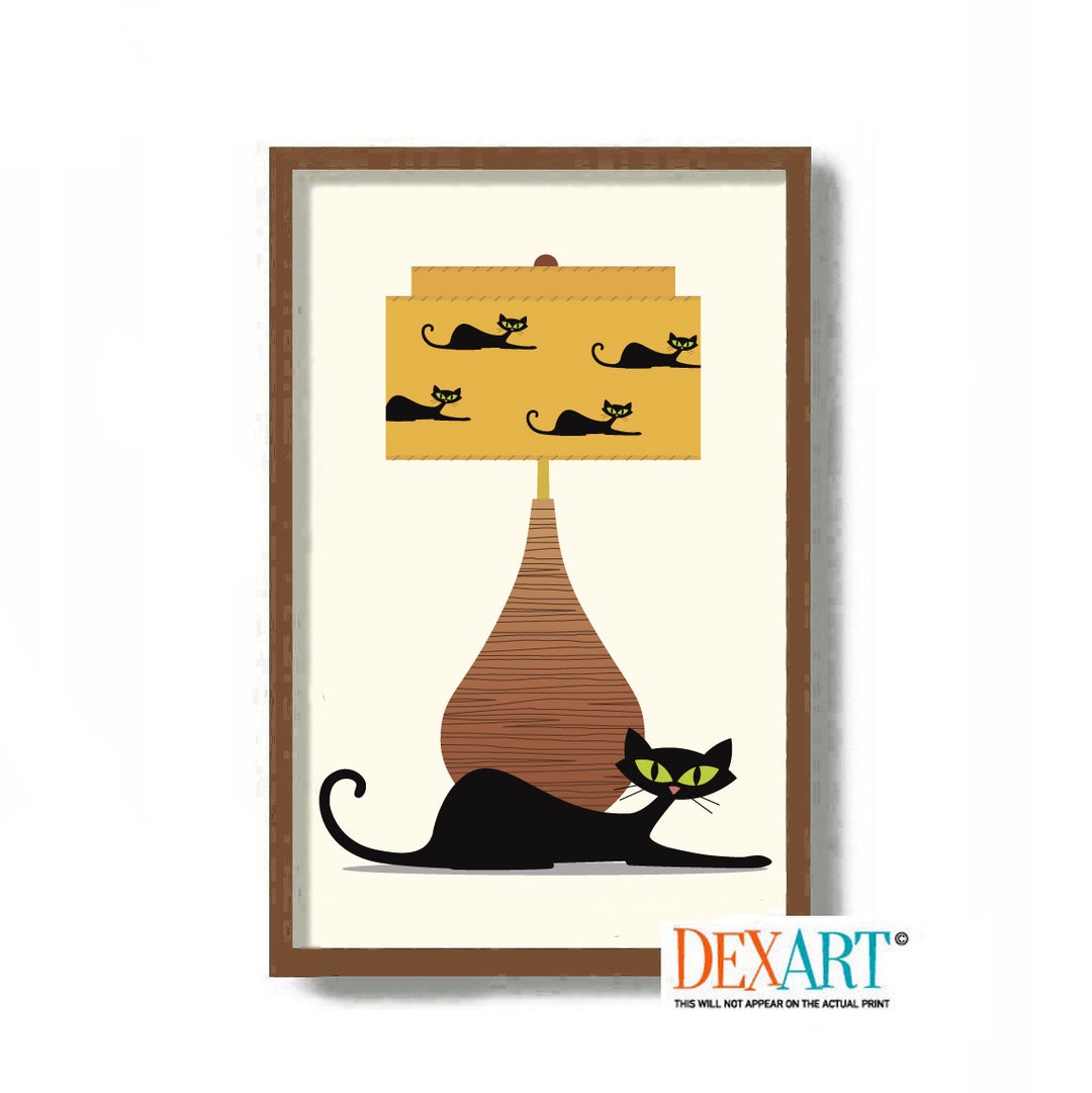 Mid Century Modern Black Cat Wall Art Print, Cat Lampshade, Sphynx Cat ...
