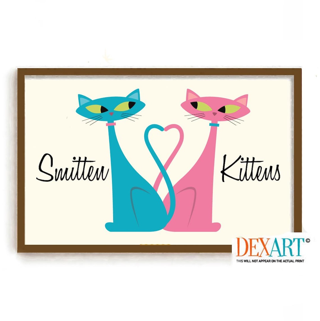 Smitten Kittens Atomic Cat Wall Art Print, Couples Bedroom Retro Decor ...