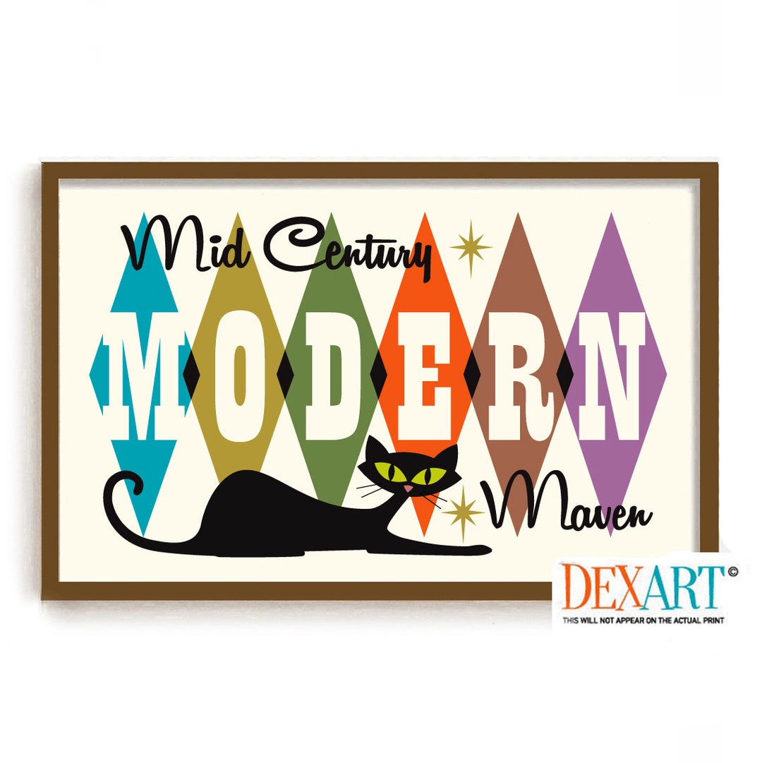Mid Century Modern Cat Art Print, Wall Art, Black Cat Art Print, Dexmex ...
