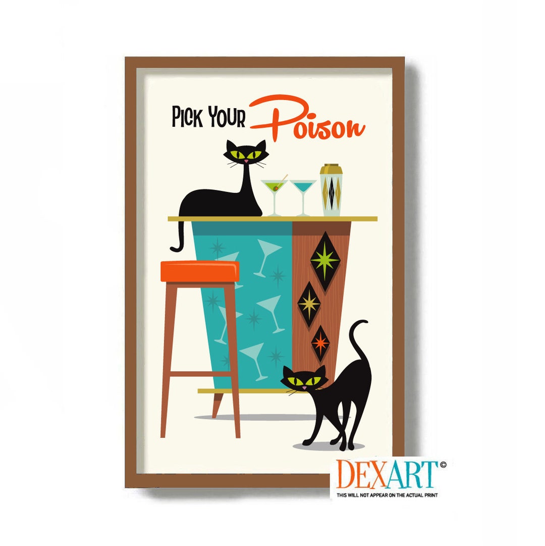 Cocktail Bar Wall Art, Black Cat Art Print, Bartender Gift, Bar Cart ...