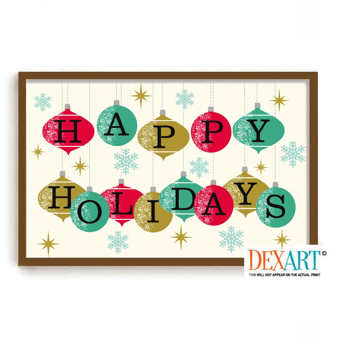 Mid Century Modern Christmas Art Print, Happy Holidays Sign, Retro Wall ...