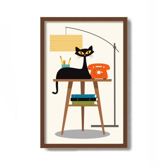 Office Decor Cat Lover Gift Mid Century Modern Art Black | Etsy