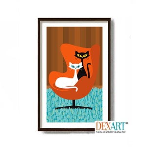 Mid Century Modern Cat Wall Art Print, Black and White Cat, Cat Poster ...