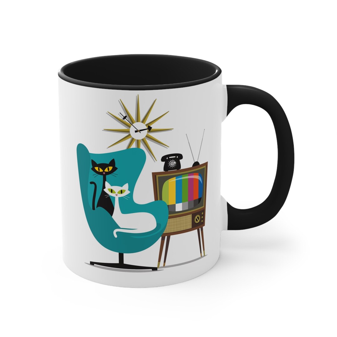 Mid Century Modern Cat Mug, Retro Coffee Mug, 11oz, Black and White Cat ...