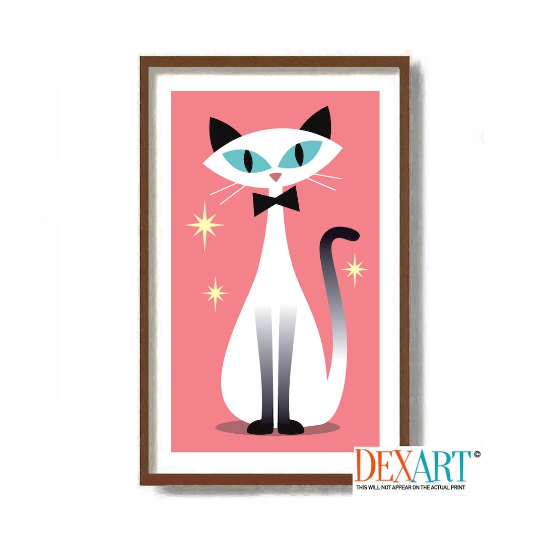 Siamese Cat Art Print, Atomic Cat Wall Decor, Cat Mom Gift, Mid Century ...