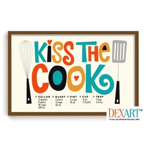 Kiss the Cook Kitchen Art Print, Kitchen Conversion Chart, Mid Century ...
