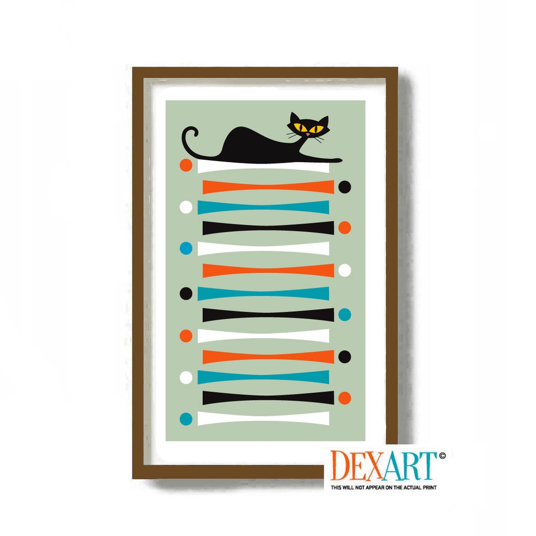 Mid Century Modern Cat Art Print, Atomic Cat Wall Art, Abstract Shape ...