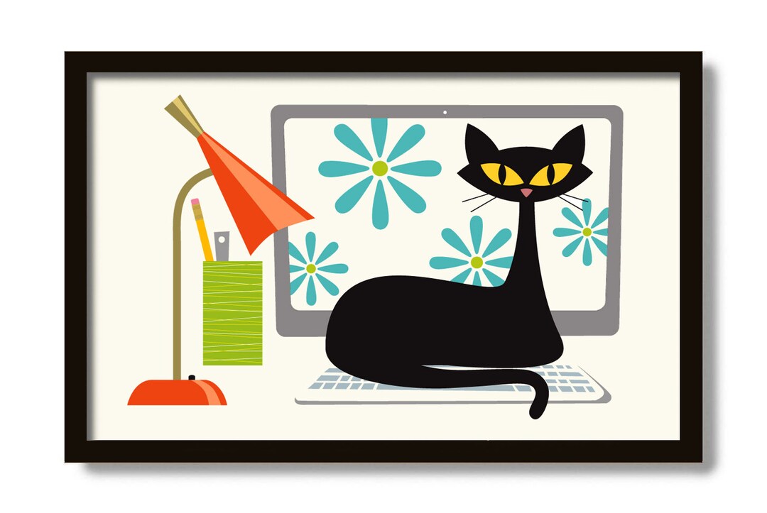 Mid Century Modern Art, Black Cat Art Print, Home Office Decor, Cats ...
