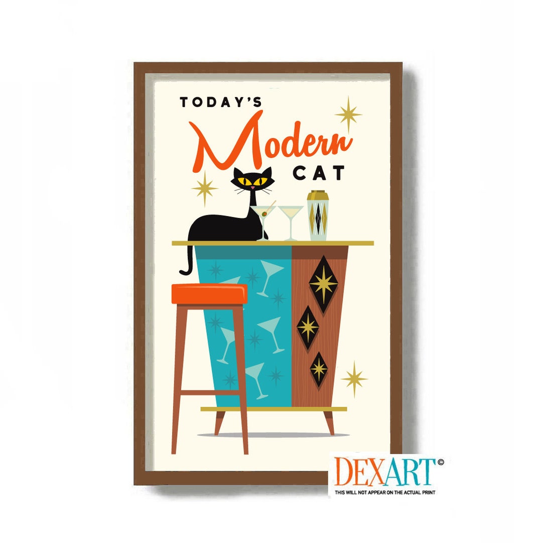 Mid Century Modern Black Cat Cocktail Bar Art Print Bartender - Etsy
