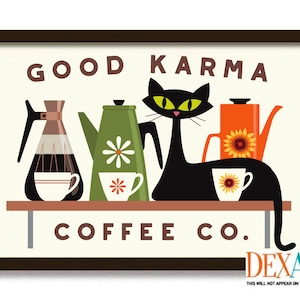 Mid Century Modern Black Cat Wall Art, Coffee Kitchen Art Print, Cat ...