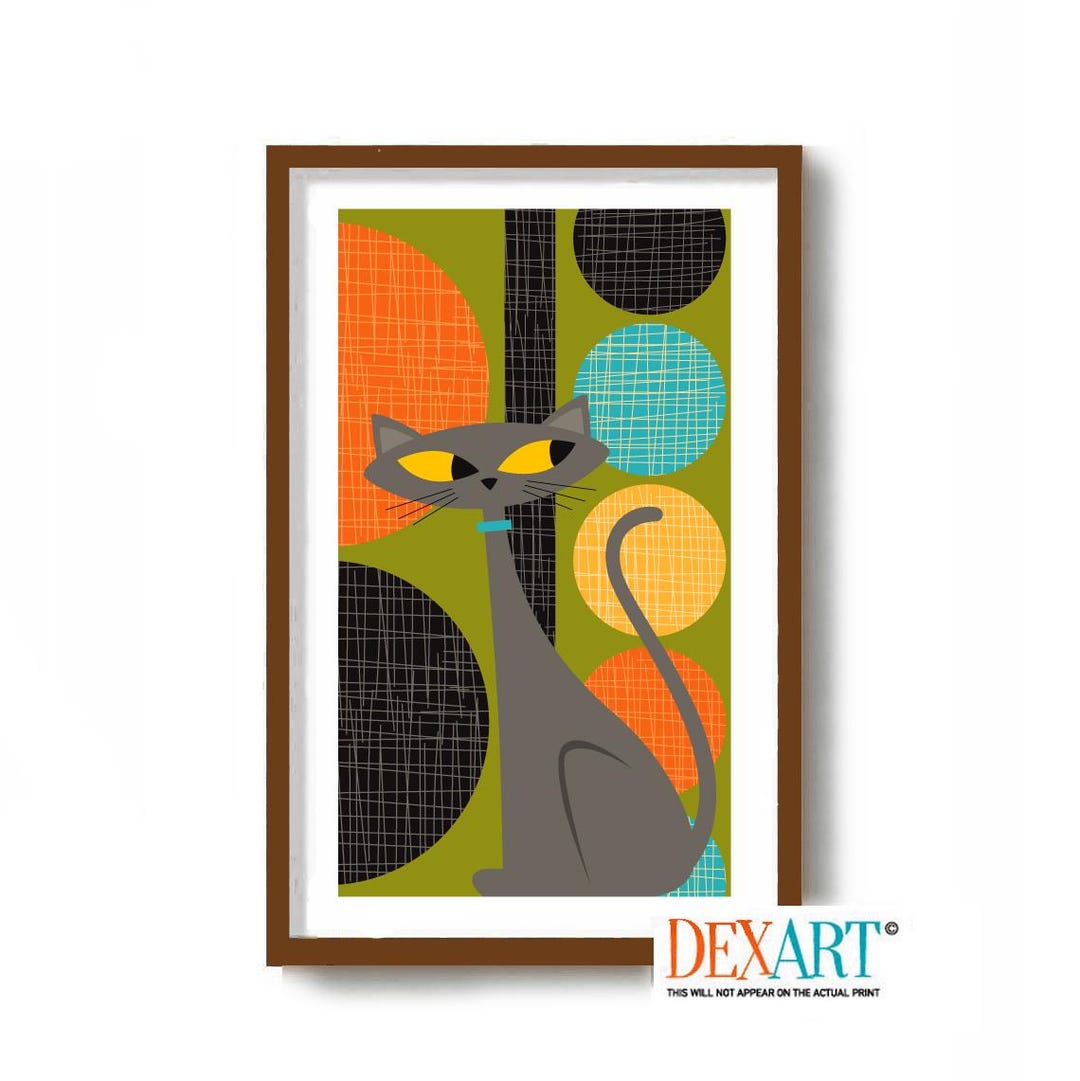 Mid Century Modern Atomic Cat Art Print Gray Tabby Cat Wall Art, Cat ...