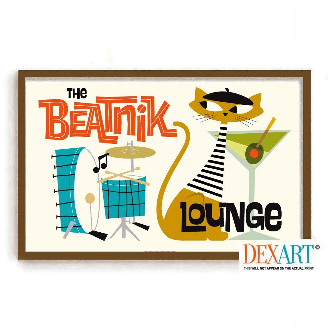 Beatnik Cat Art Print, Atomic Cocktail Bar Sign Gift Idea Palm Springs ...