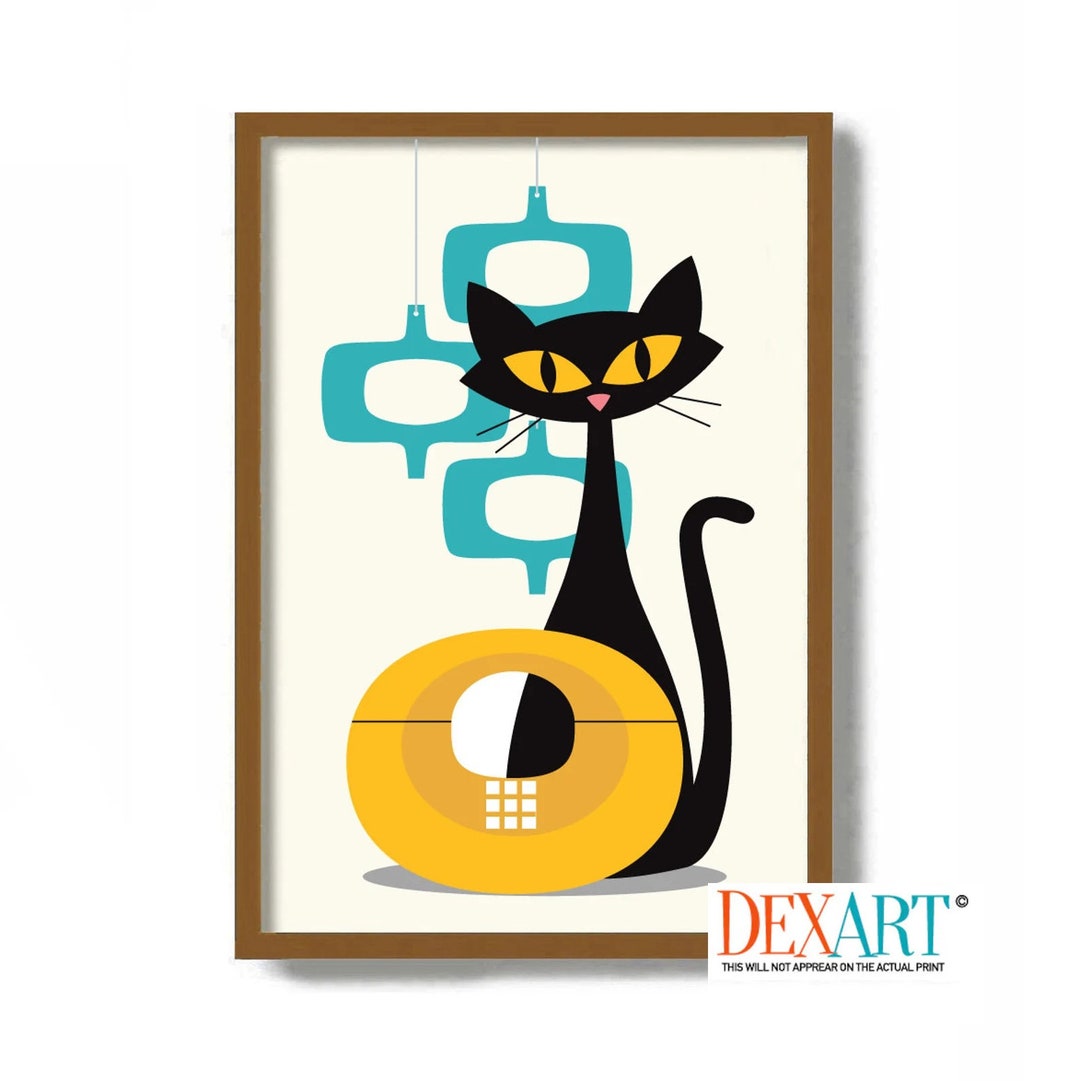 Mid Century Modern Black Cat Art Print, Retro Telephone, Living Room ...