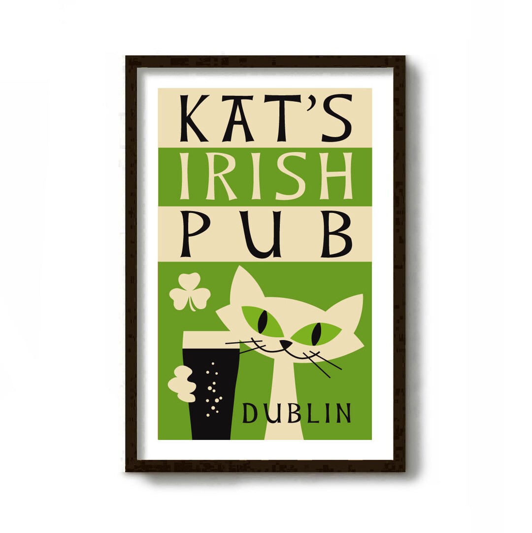 Irish Cat Pub Art Print, Shamrock Decor, Beer Lover Gift - Etsy