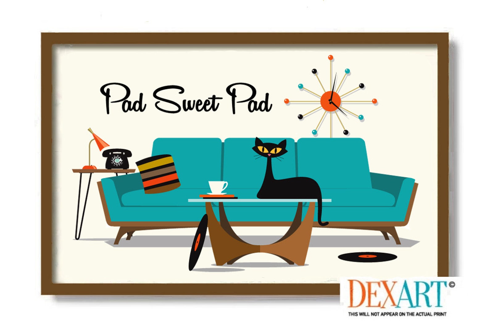 Mid Century Modern Cat Art Print, Atomic Cat Gifts, Retro Couch Sofa ...