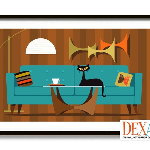 Mid Century Modern Wall Art Print Atomic Cat Art Decor Palm Etsy