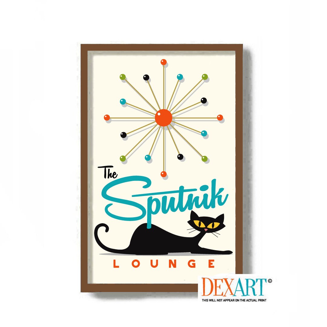 Mid Century Modern Cat Art Print, Sputnik Decor, Cocktail Sign, Cat ...