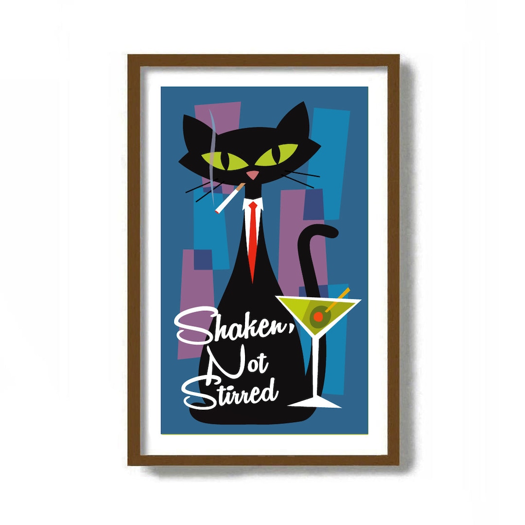 Mid Century Modern Cat Art Print, Bartender Gift, Cat Poster, Black Cat ...